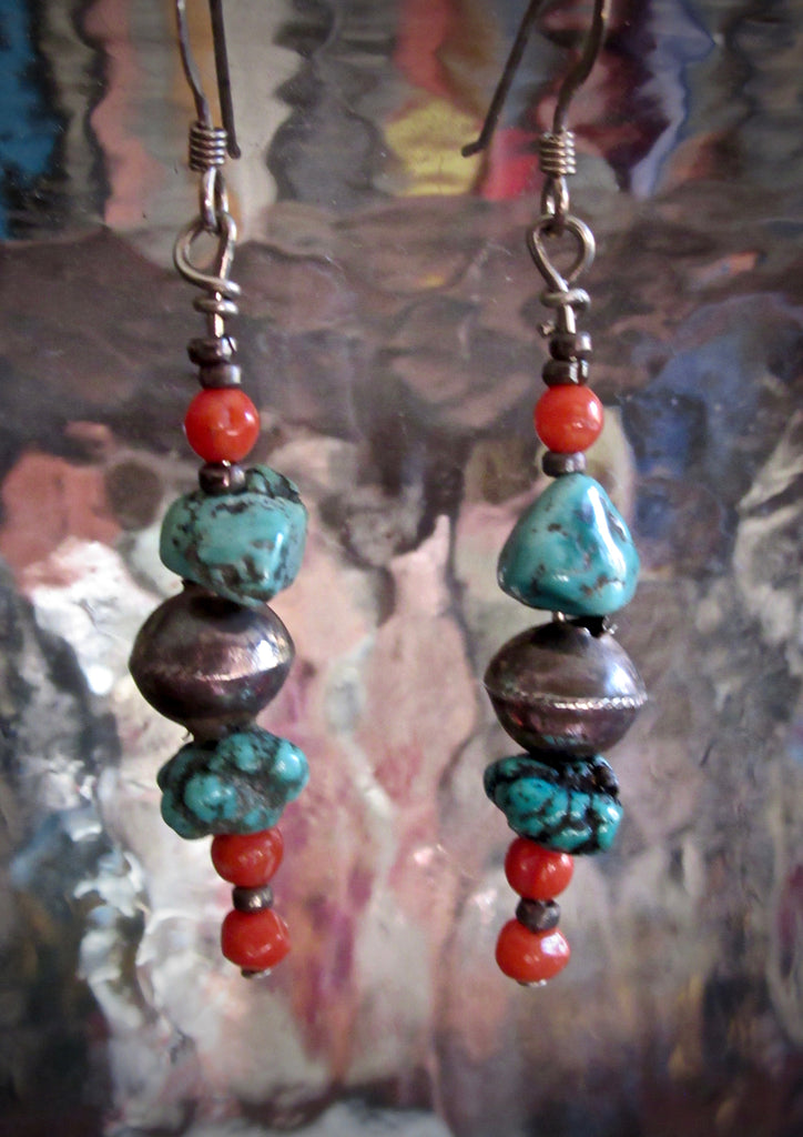 Old Tibetan Turquoise, Coral and Navajo Silver Earrings – Deborah ...